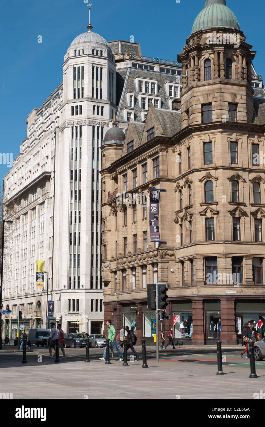 Manchester street scene from Peter St across Deansgate to Quay St and ...