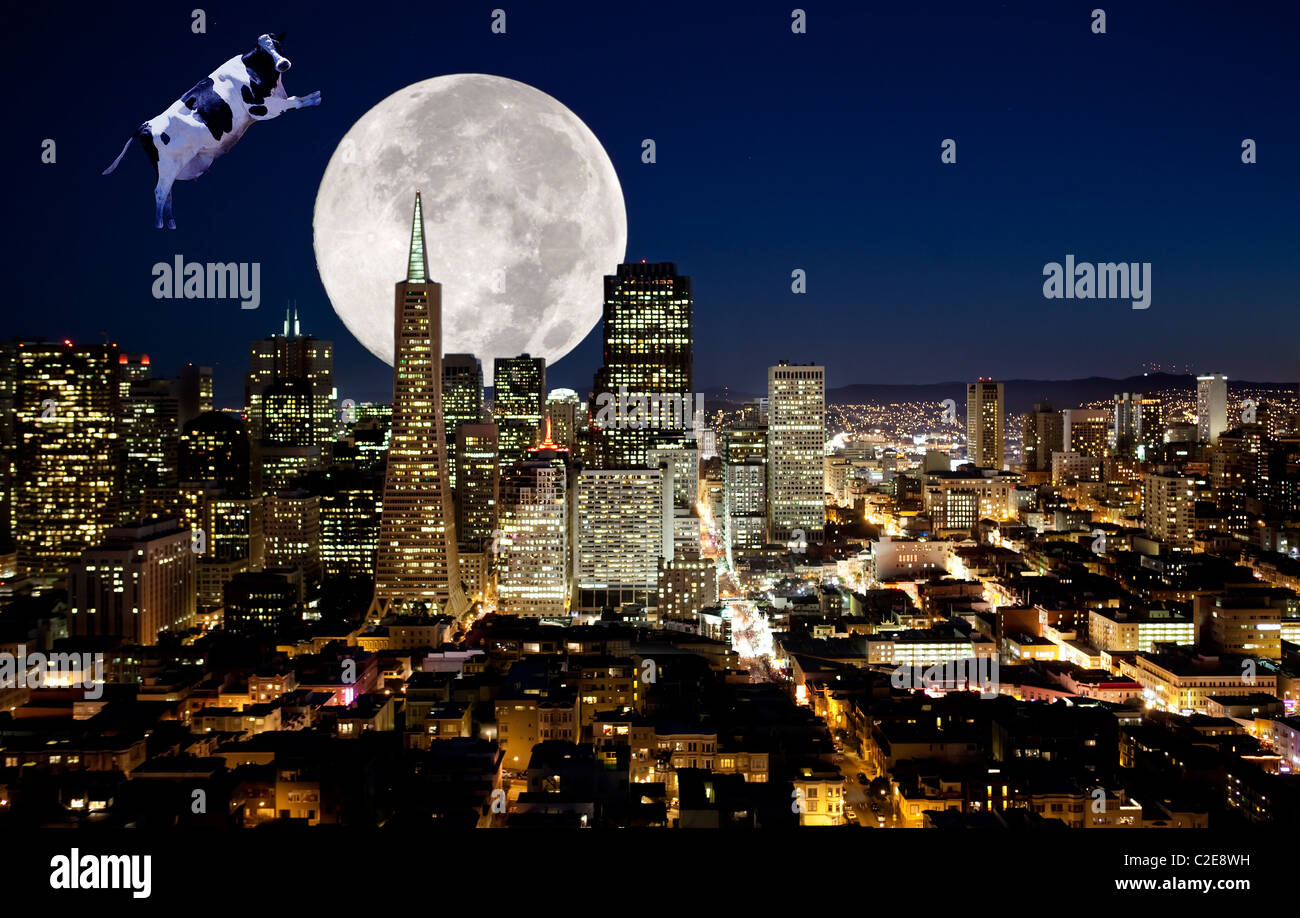 A cow jumping over the moon Stock Photo - Alamy