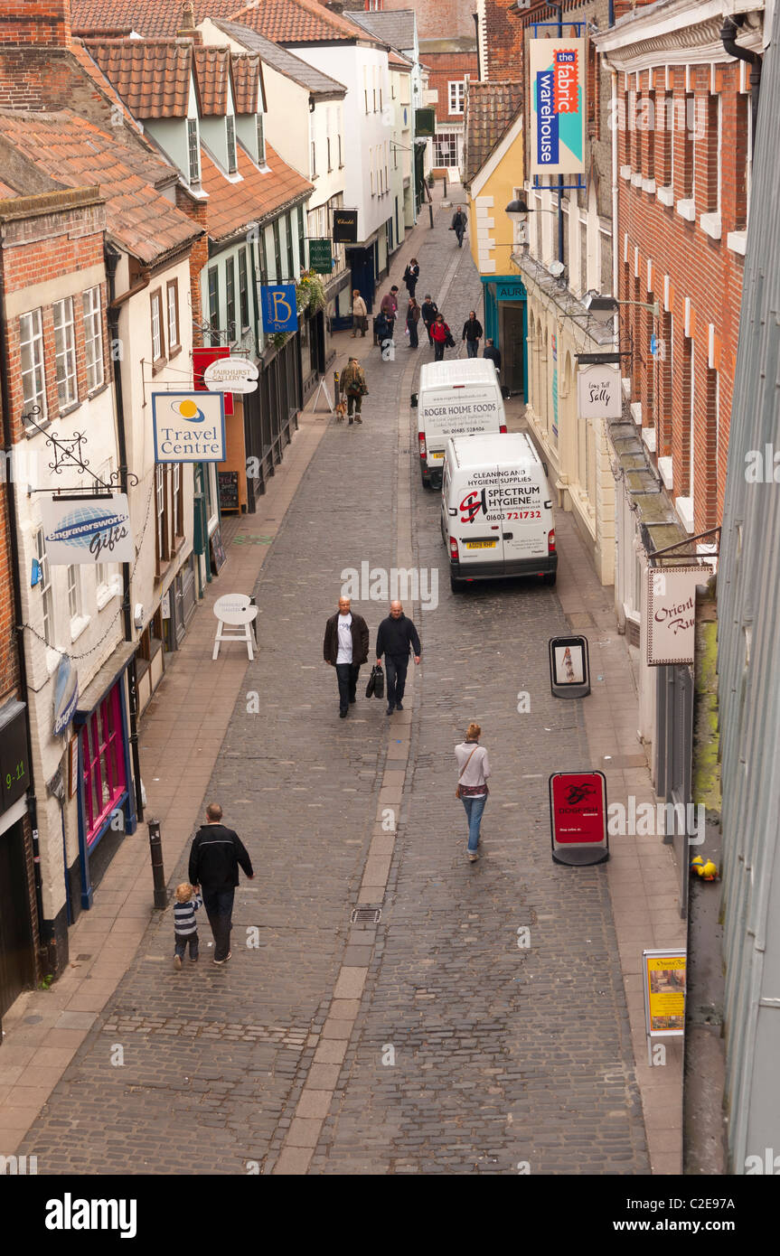 A high up view of a cobbled street in Norwich , Norfolk , England ...