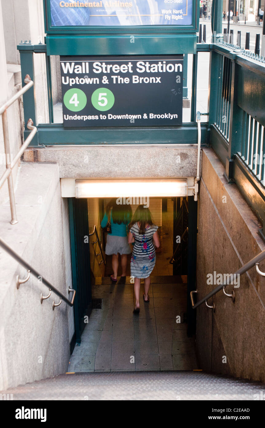 Young women entering Wall Street Station of Manhattan underground ...