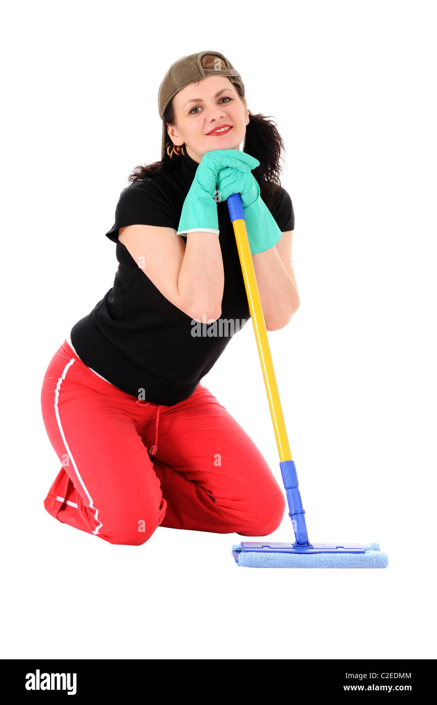 the woman with a mop isolated on white background Stock Photo - Alamy