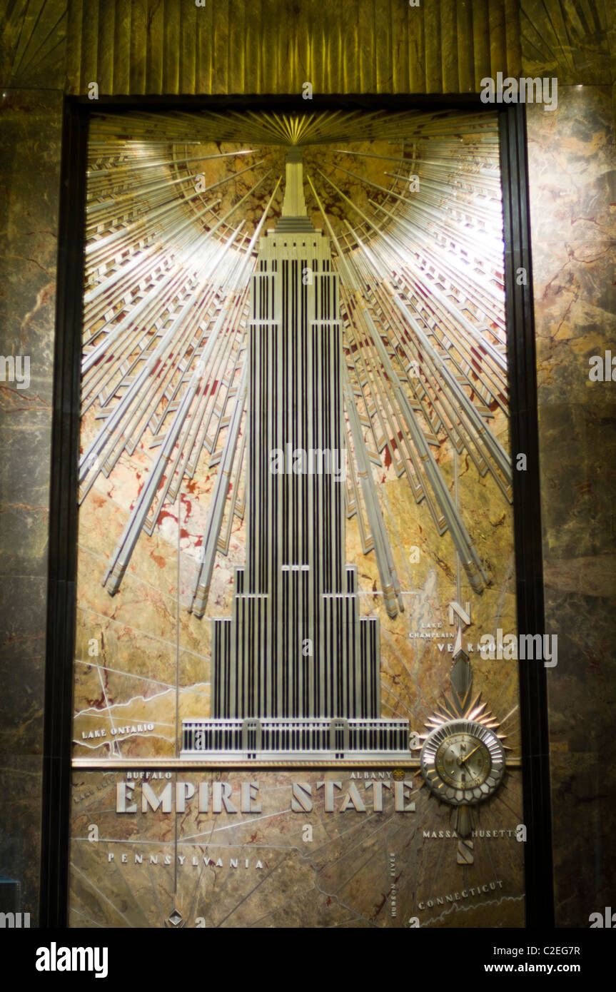 Metal bass relief with Empire State Building in ESB lobby, Manhattan ...