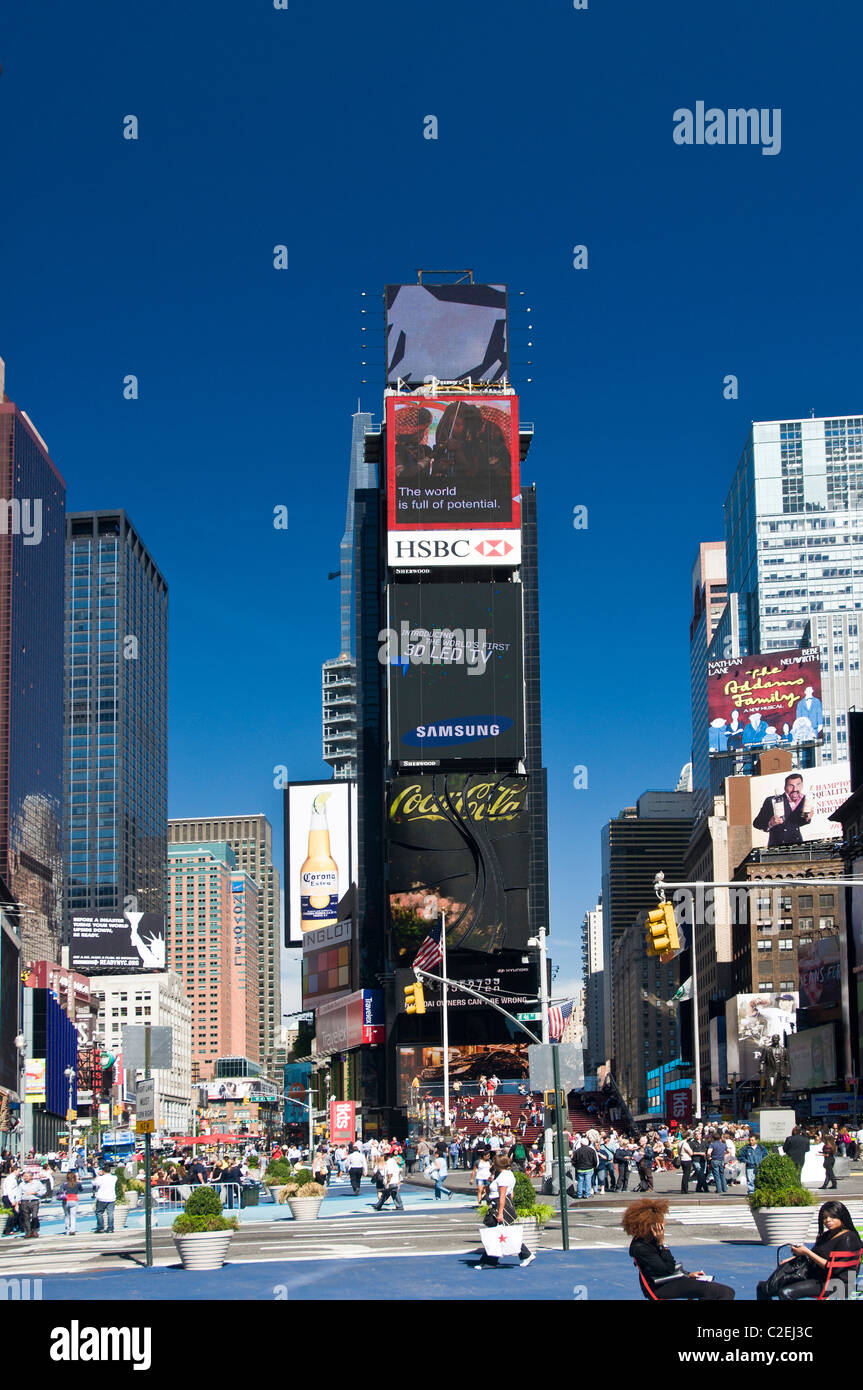 Northern side Two Times Square electronic billboard building with blue ...