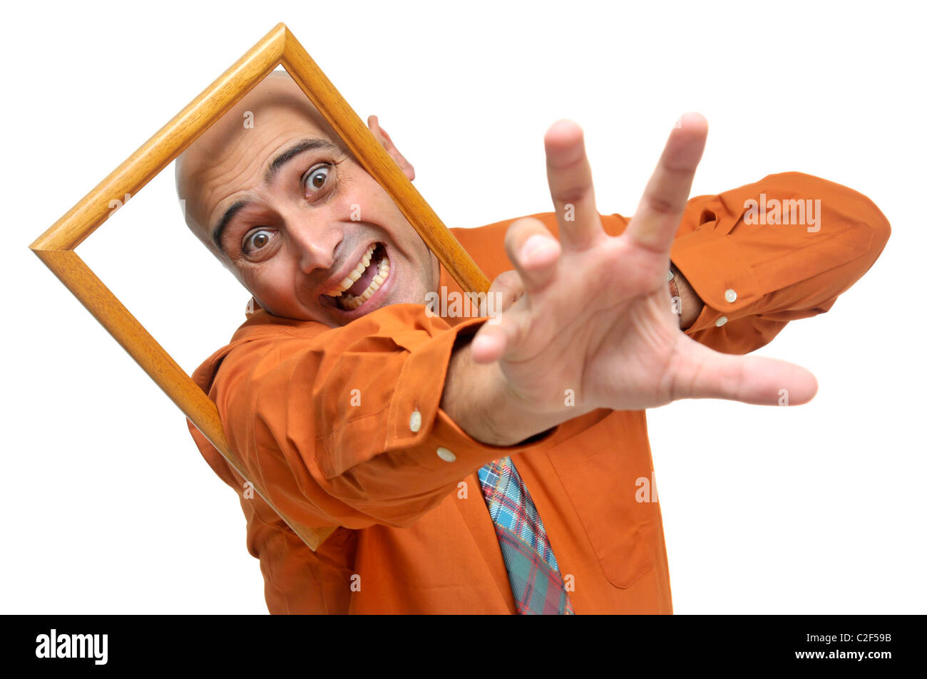 Businessman portrait with a small frame isolated in white Stock Photo ...
