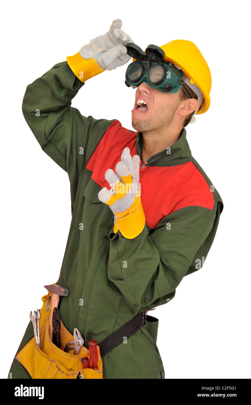 Surprised construction worker isolated in white Stock Photo - Alamy