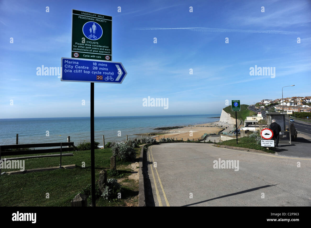 Cycling and pedestrian signs on the coast road heading towards Brighton ...
