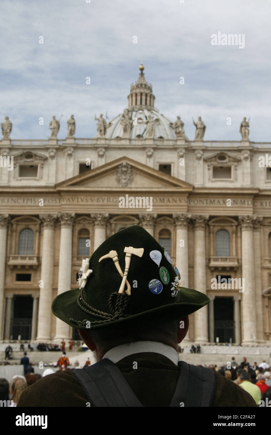 alpine pilgrim with hat cap covered with badges in the vatican square ...