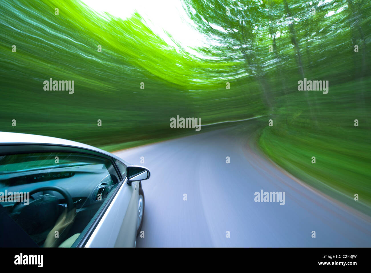 car driving fast into forest Stock Photo - Alamy