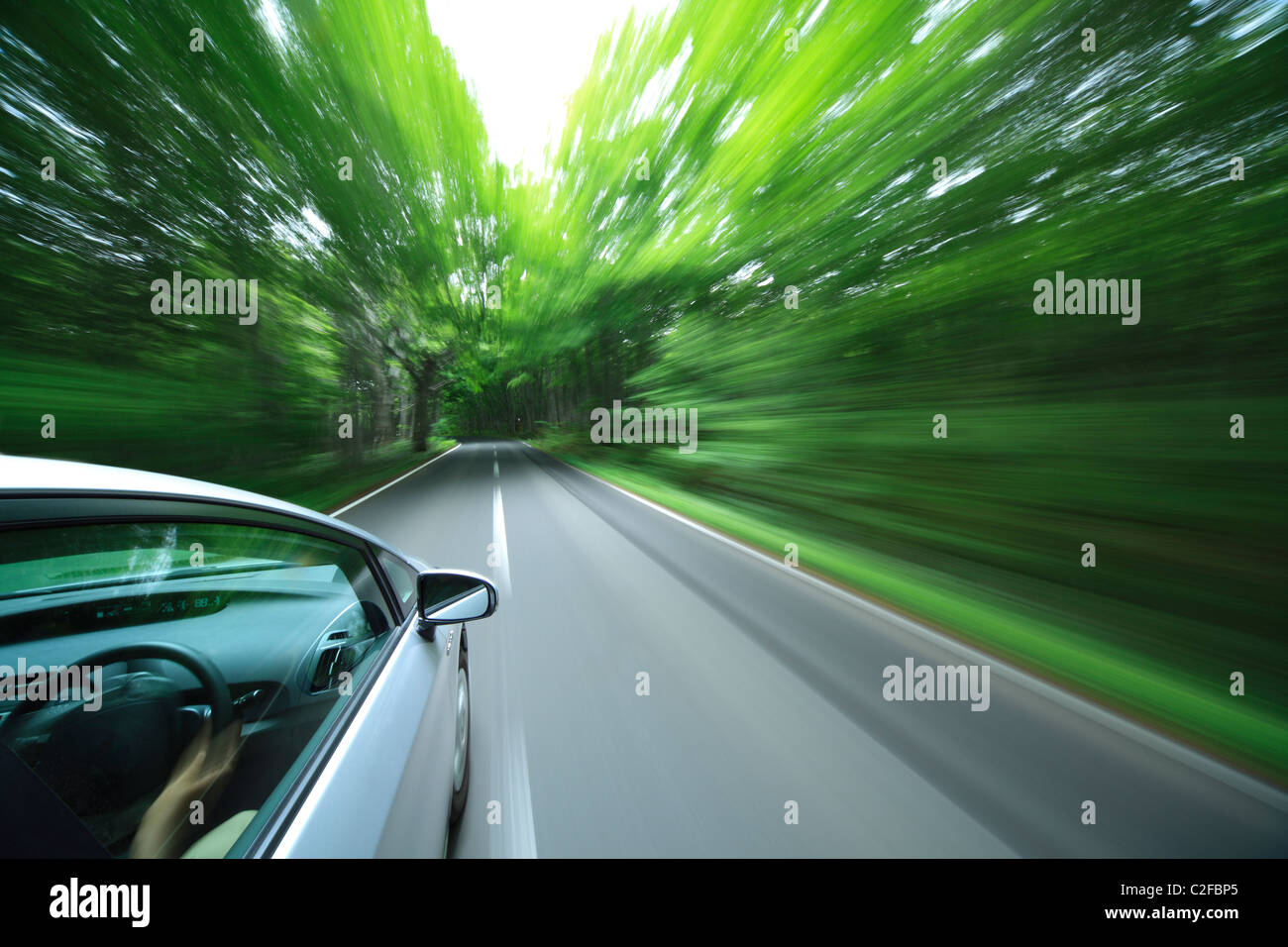 car driving fast into forest Stock Photo - Alamy