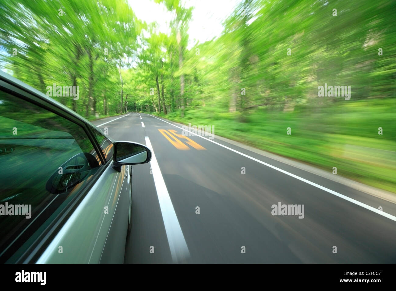 car driving fast into forest Stock Photo - Alamy