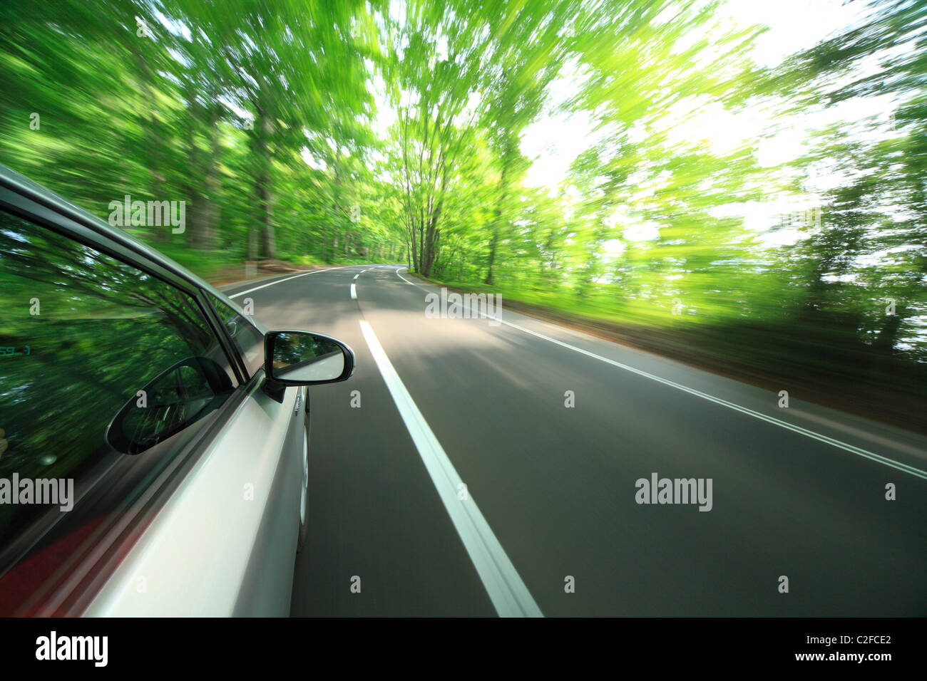 car driving fast into forest Stock Photo - Alamy