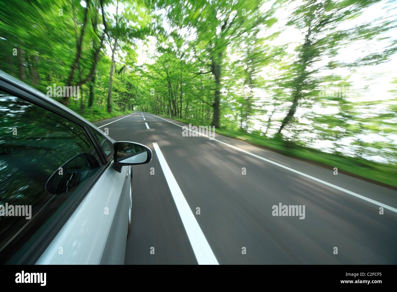 car driving fast into forest Stock Photo - Alamy