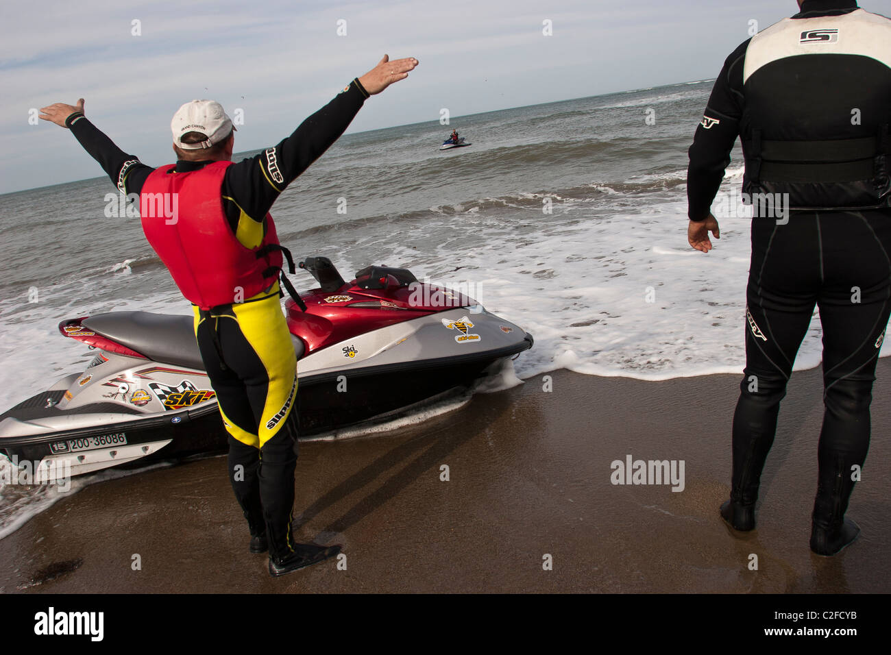 Jetskiers at the beach in Okhotsk, Sakhalin, Russia. September 2005 ...