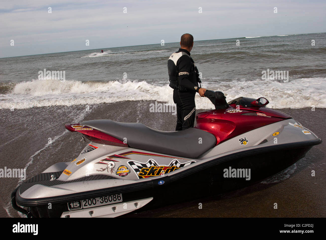 A jetskier at the beach in Okhotsk, Sakhalin, Russia. September 2005 ...
