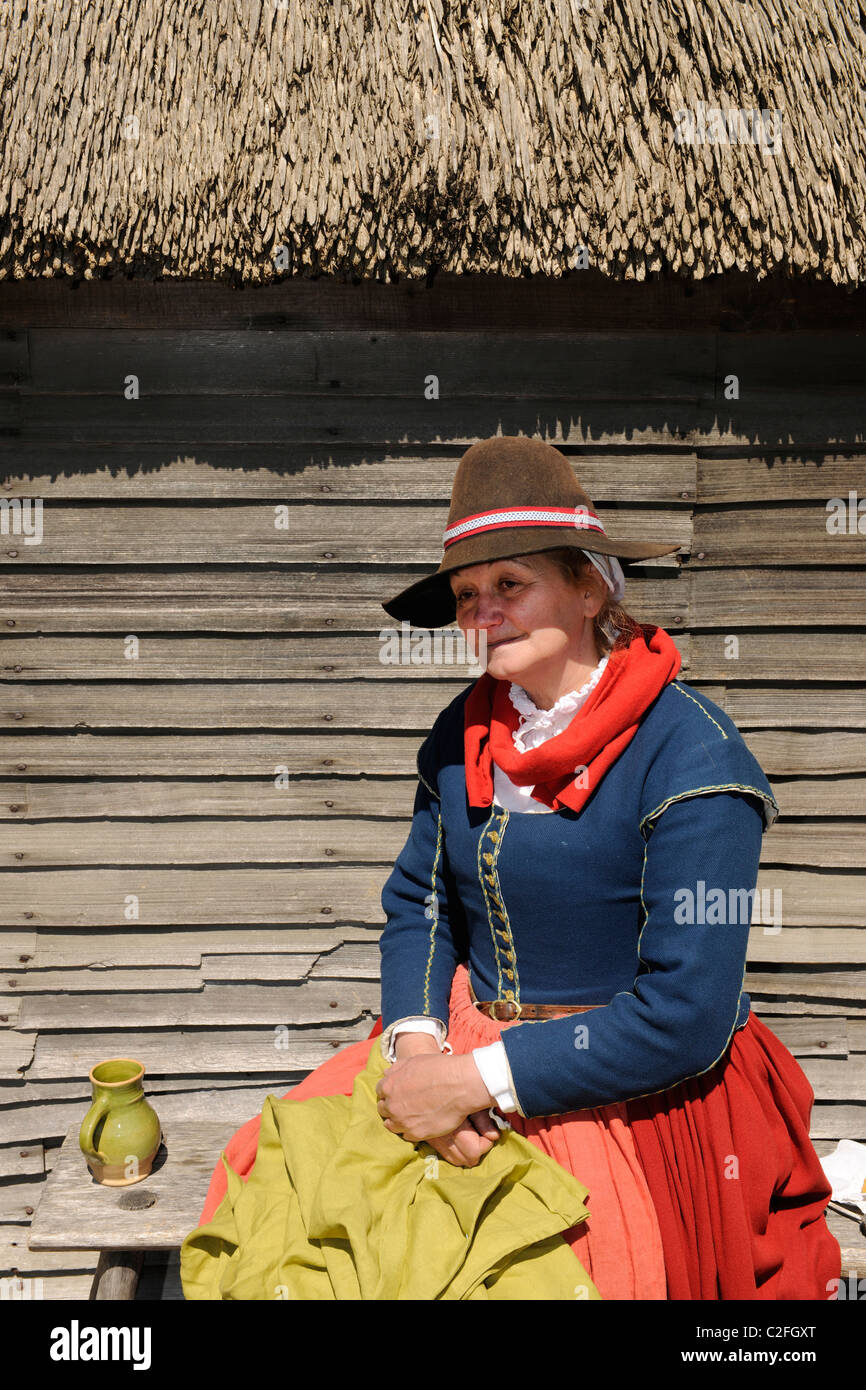 Woman role playing early colonist in recreation of 1627 Plimouth in ...