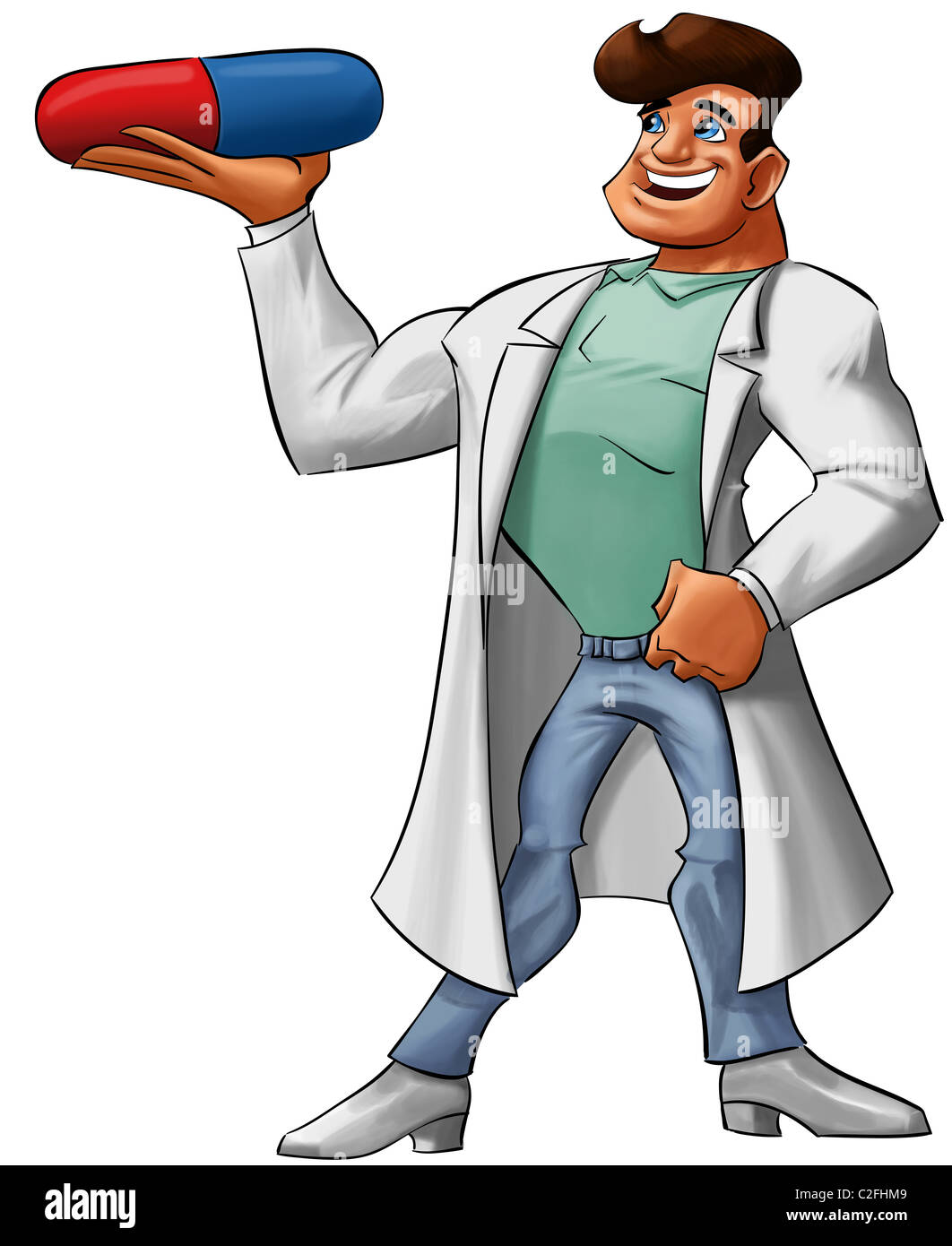 power smiling medic with a pill in his hand Stock Photo - Alamy