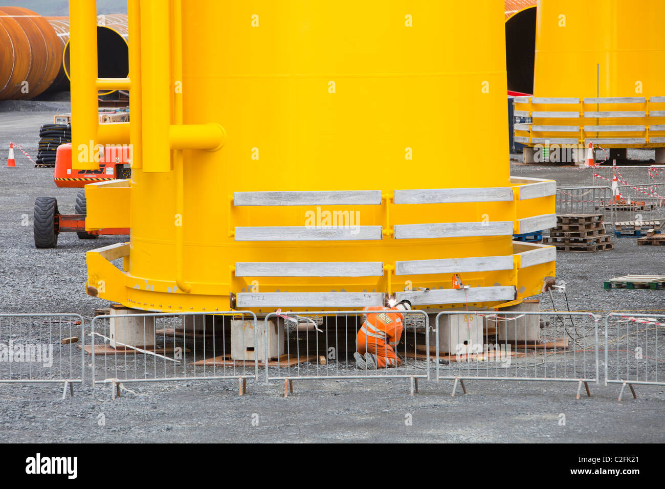 Transition pieces for offshore wind turbines being worked before being ...