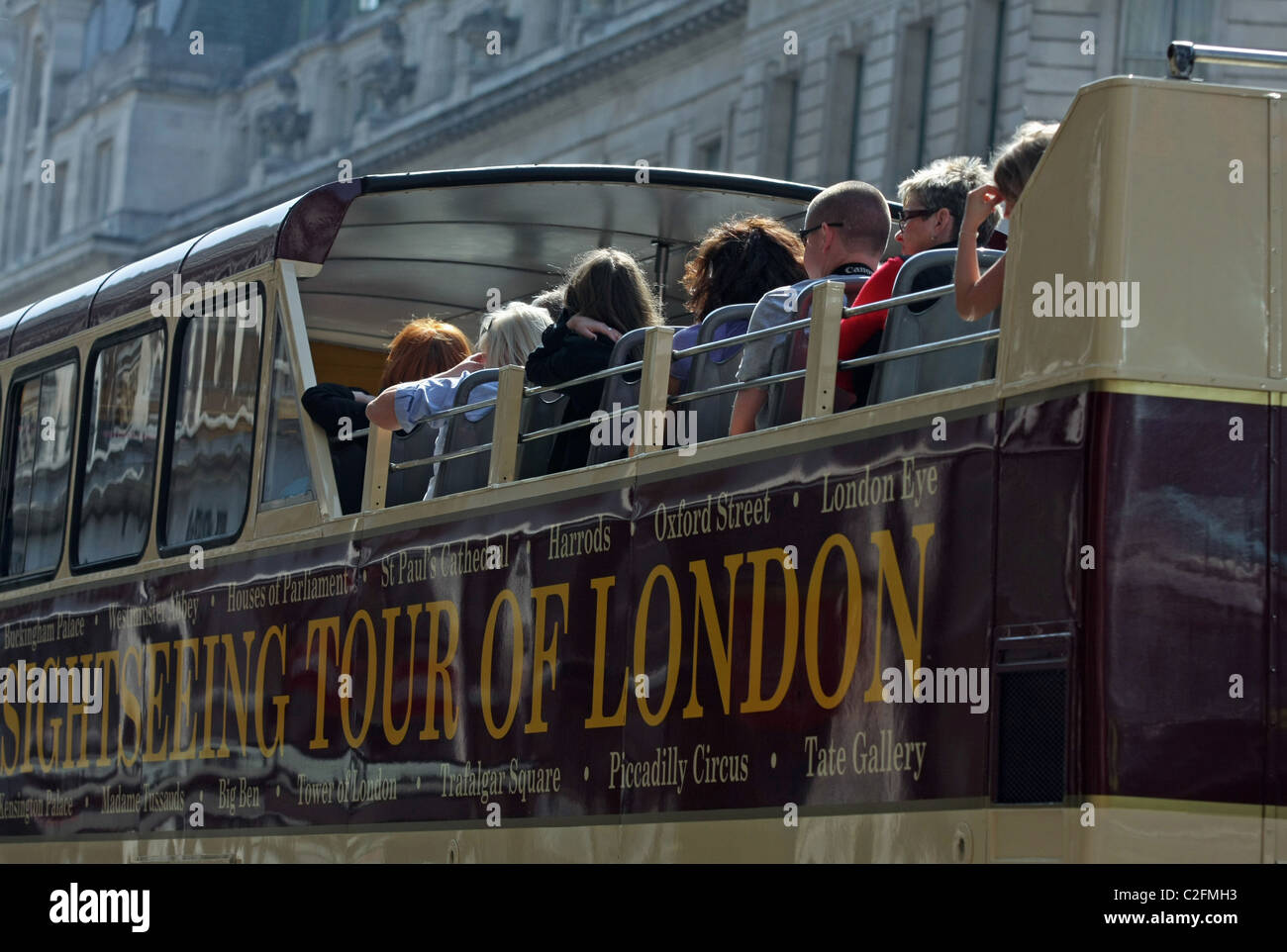 Rear view of the top deck of an open top double decker London Tour bus ...