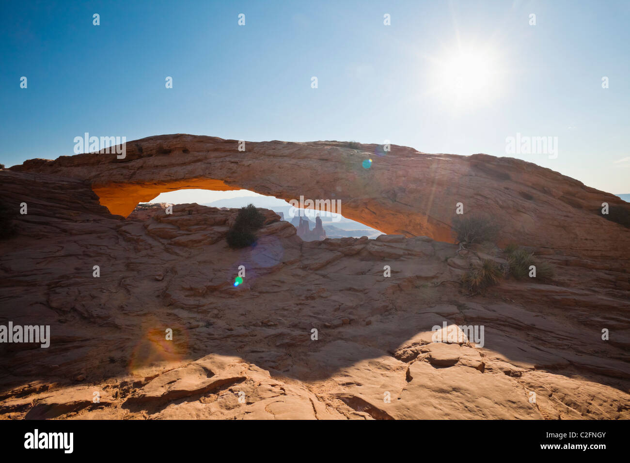 Looking under Mesa Arch toward Washer Woman Arch in Canyonlands ...