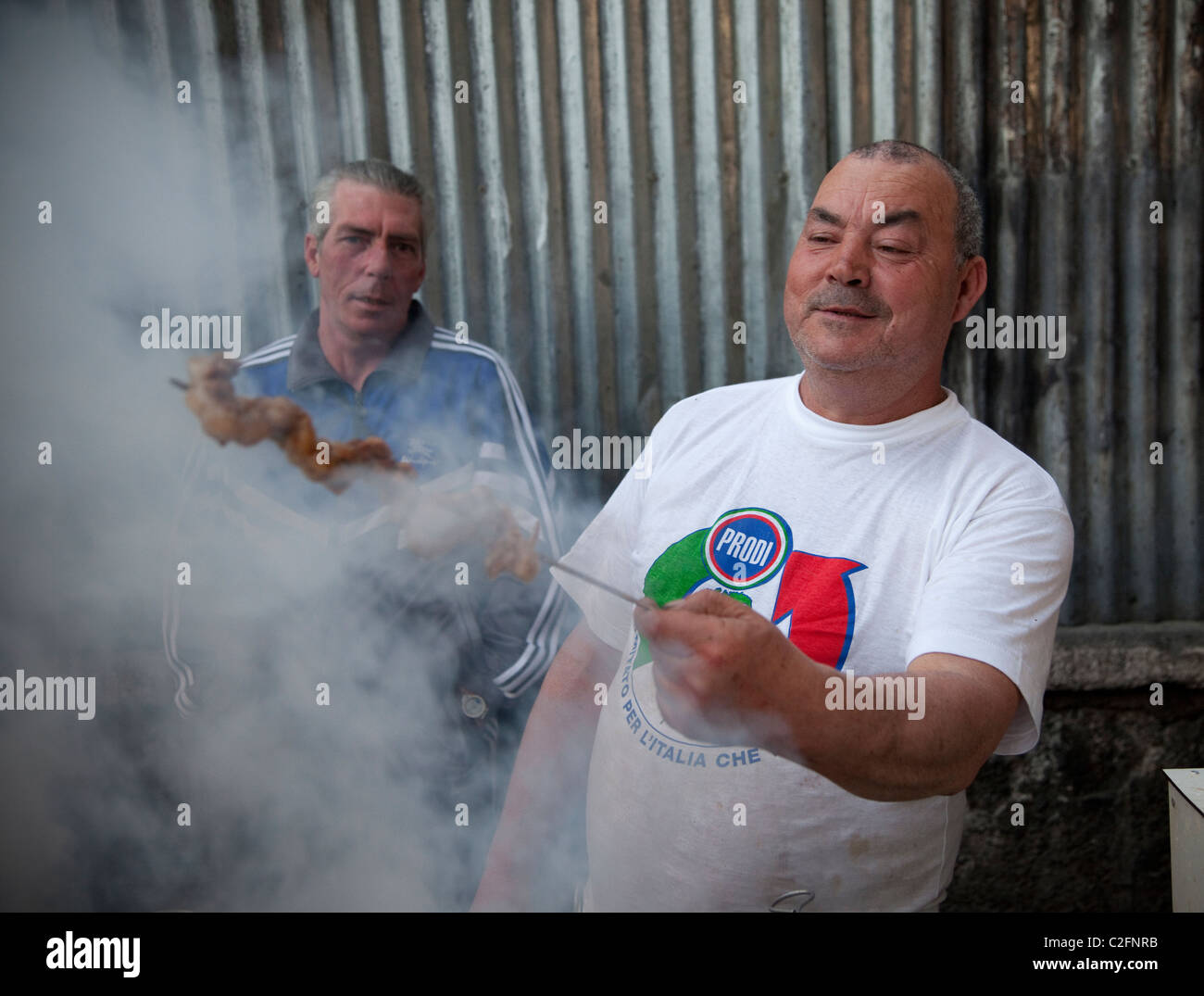 Stigghiola being cooked by the side of the road in Palermo Sicily Stock ...