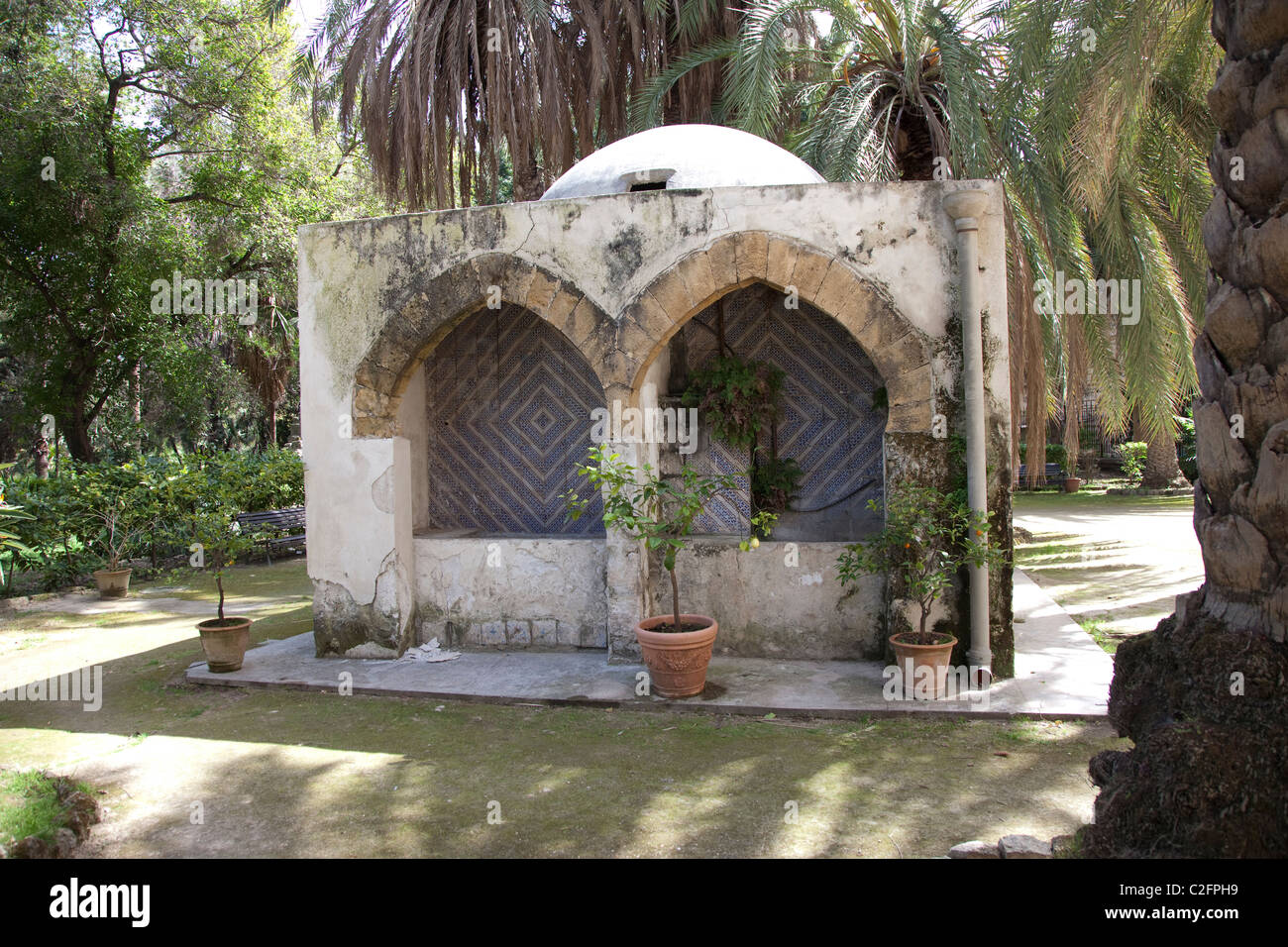 An Arabic folly building in the Botanical gardens Palermo Sicily Italy ...