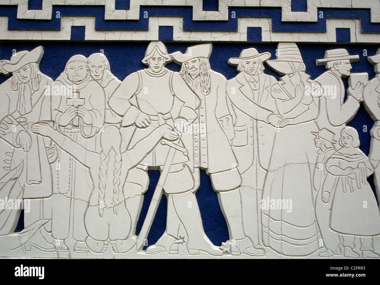 Spanish missionaries convert Native-Americans in Texas. Art Deco bas ...