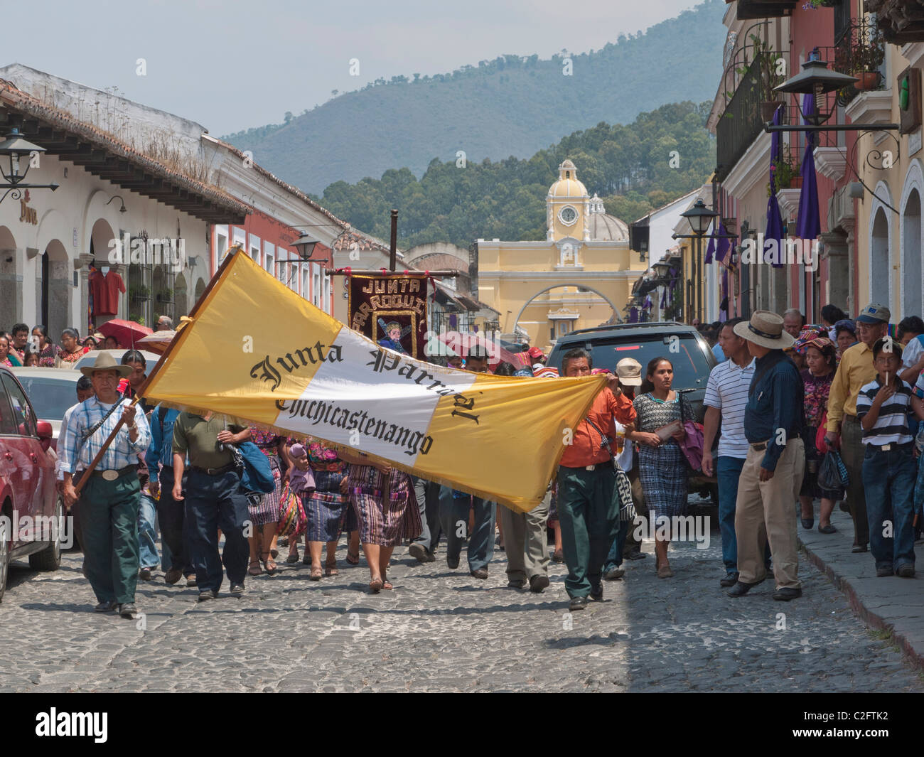 A religious parade in the streets of Antigua, Guatemala carrying the ...