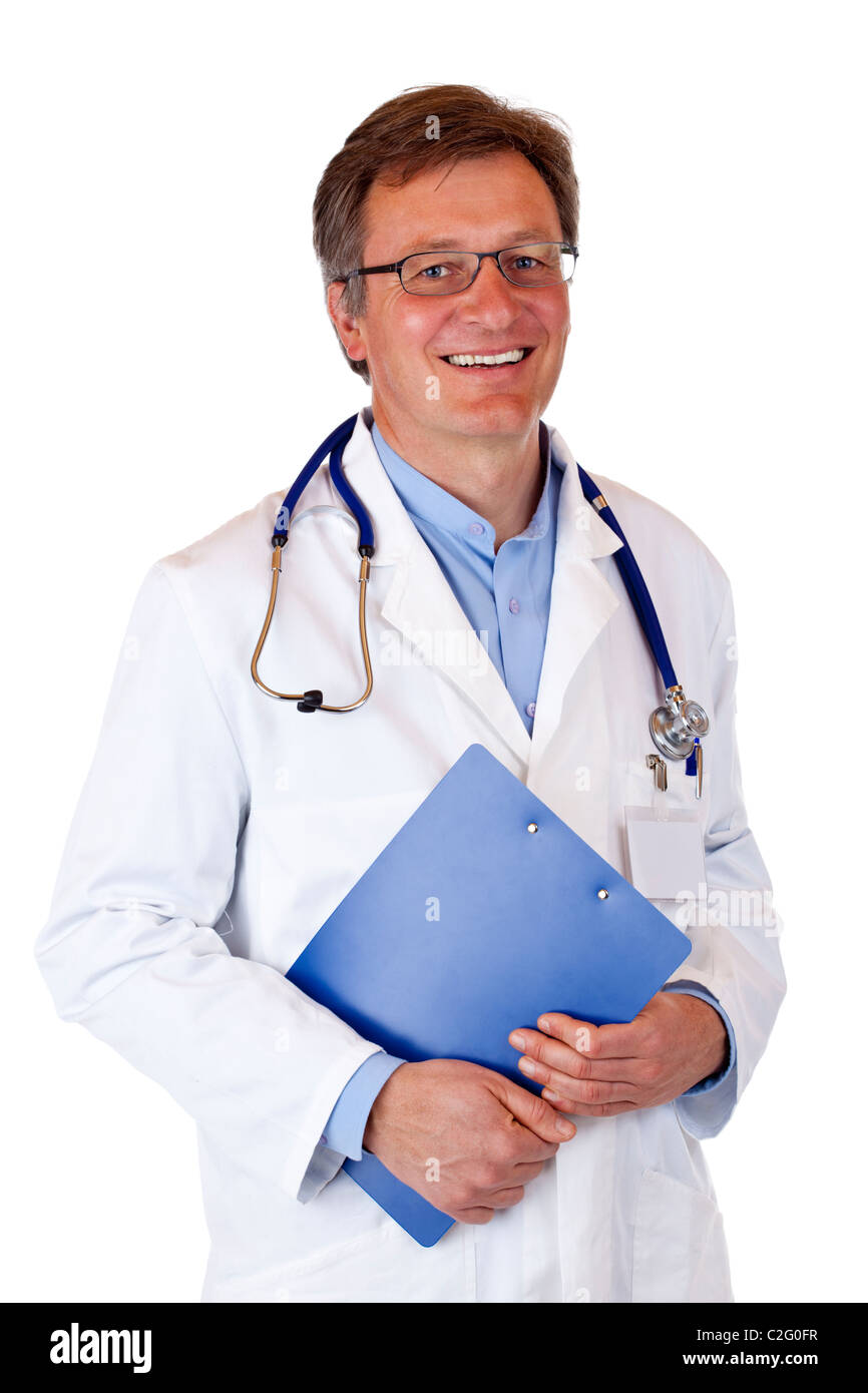 Happy chief physician medic with stethoscope and clipboard smiles happy ...