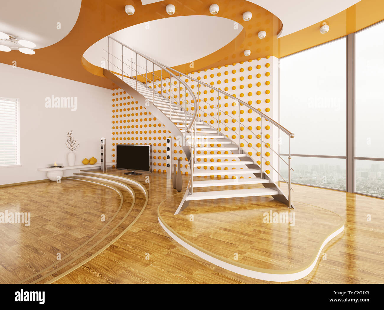 Modern interior design of living room with staircase 3d render Stock ...