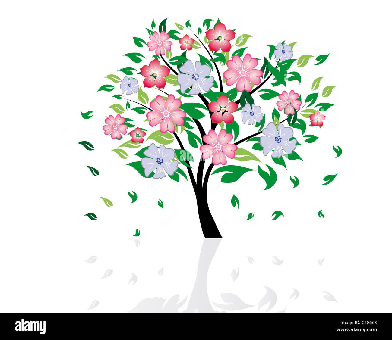 Vector illustration of blossom tree with falling leaves Stock Photo - Alamy
