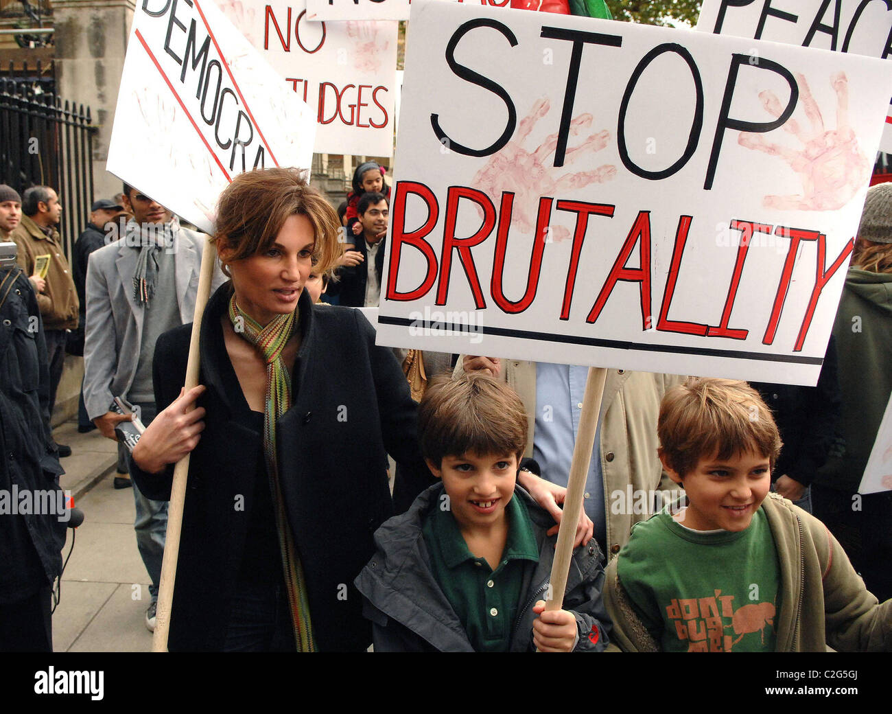 Jemima Khan and her children attend a demonstration at Downing Street ...
