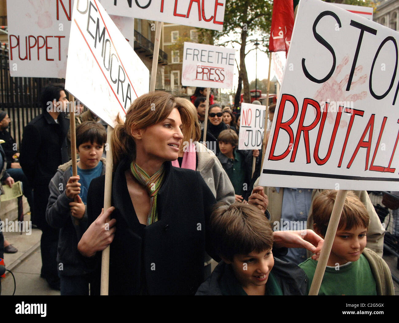 Jemima Khan and her children attend a demonstration at Downing Street ...