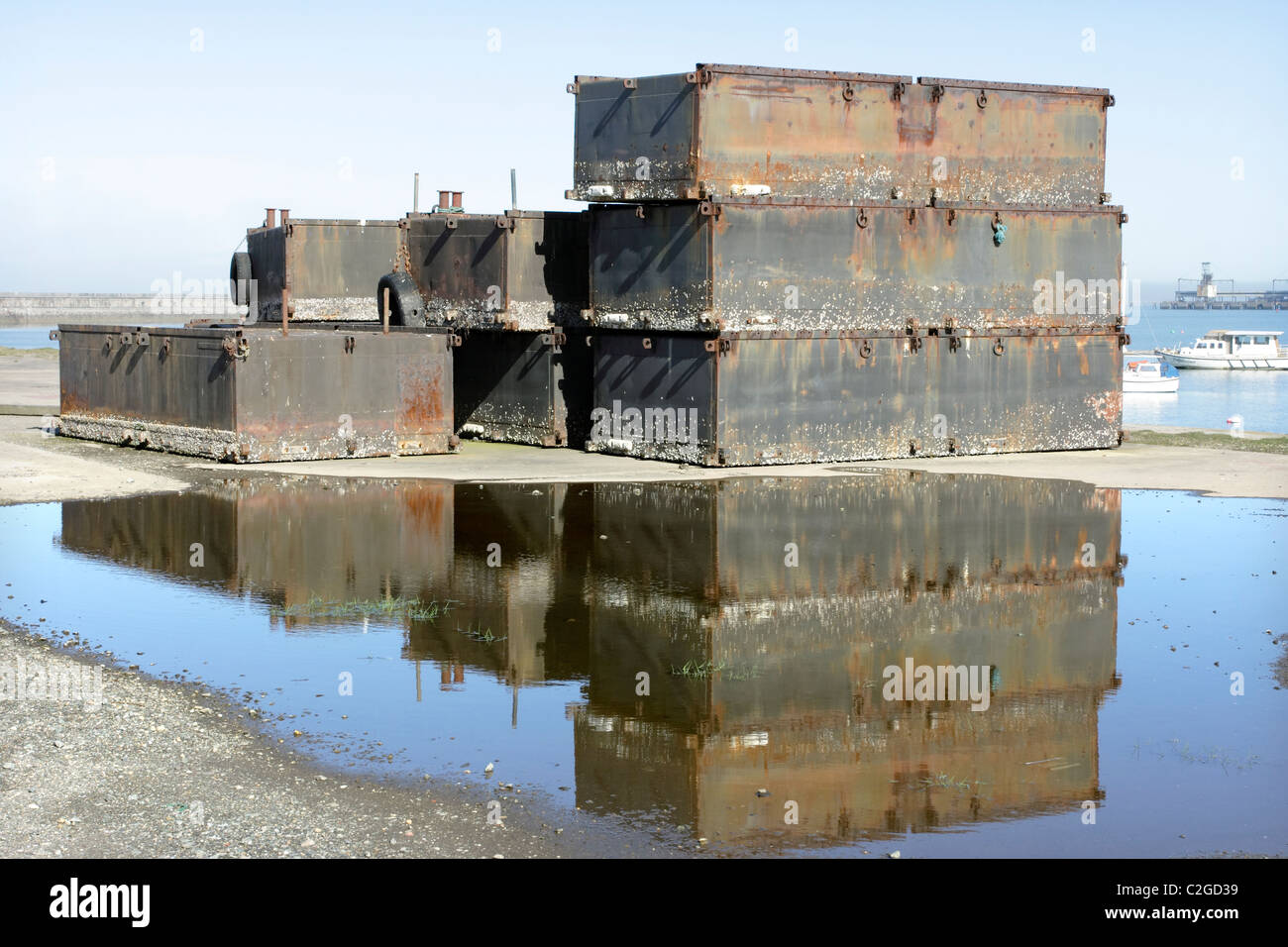 Steel pontoon caissons on the quayside in Holyhead harbour, Anglesey ...