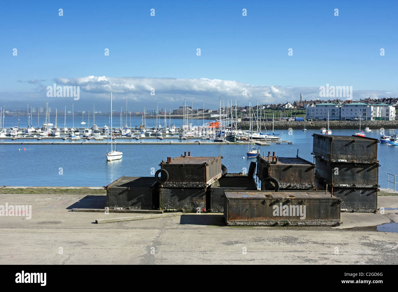 Steel pontoon caissons on the quayside in Holyhead harbour in Anglesey ...