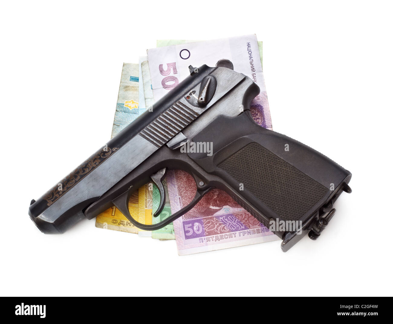 gun and money isolated on white background Stock Photo - Alamy