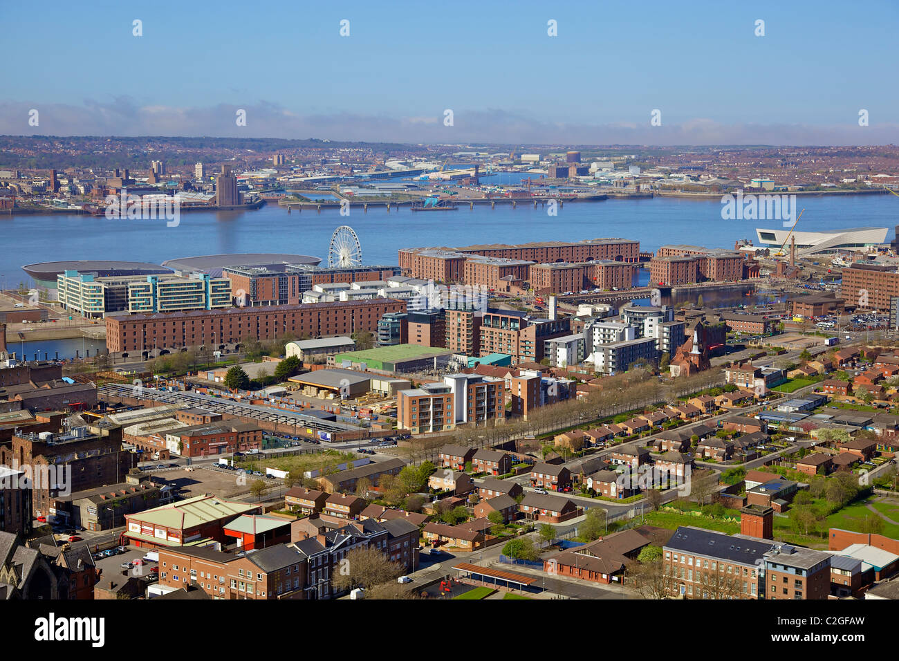 Aerial view of Liverpool city centre from Anglican cathedral tower ...