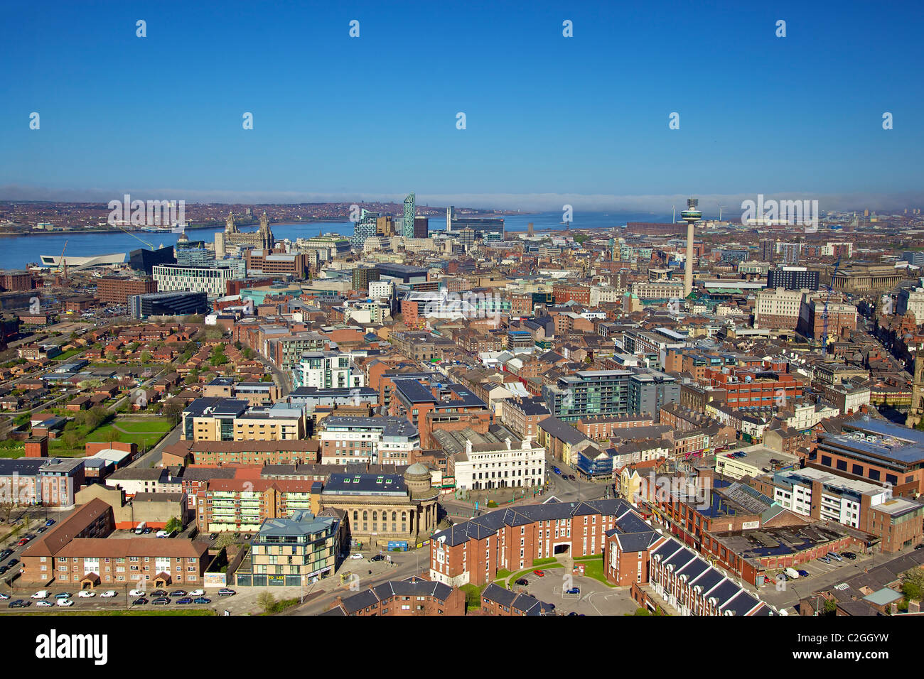 Aerial views of Liverpool city centre from Anglican cathedral tower ...