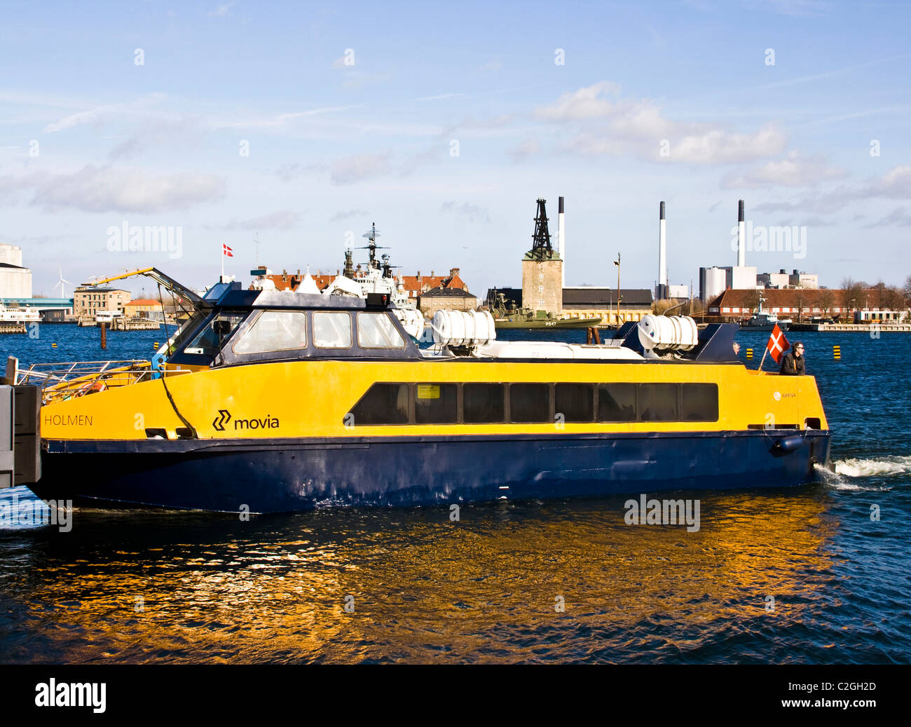 Yellow harbor harbour buses ferry public transport system Copenhagen ...