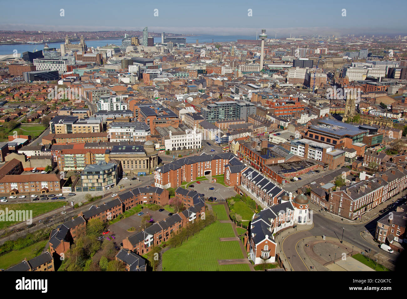 Aerial views of Liverpool city centre from Anglican cathedral tower ...