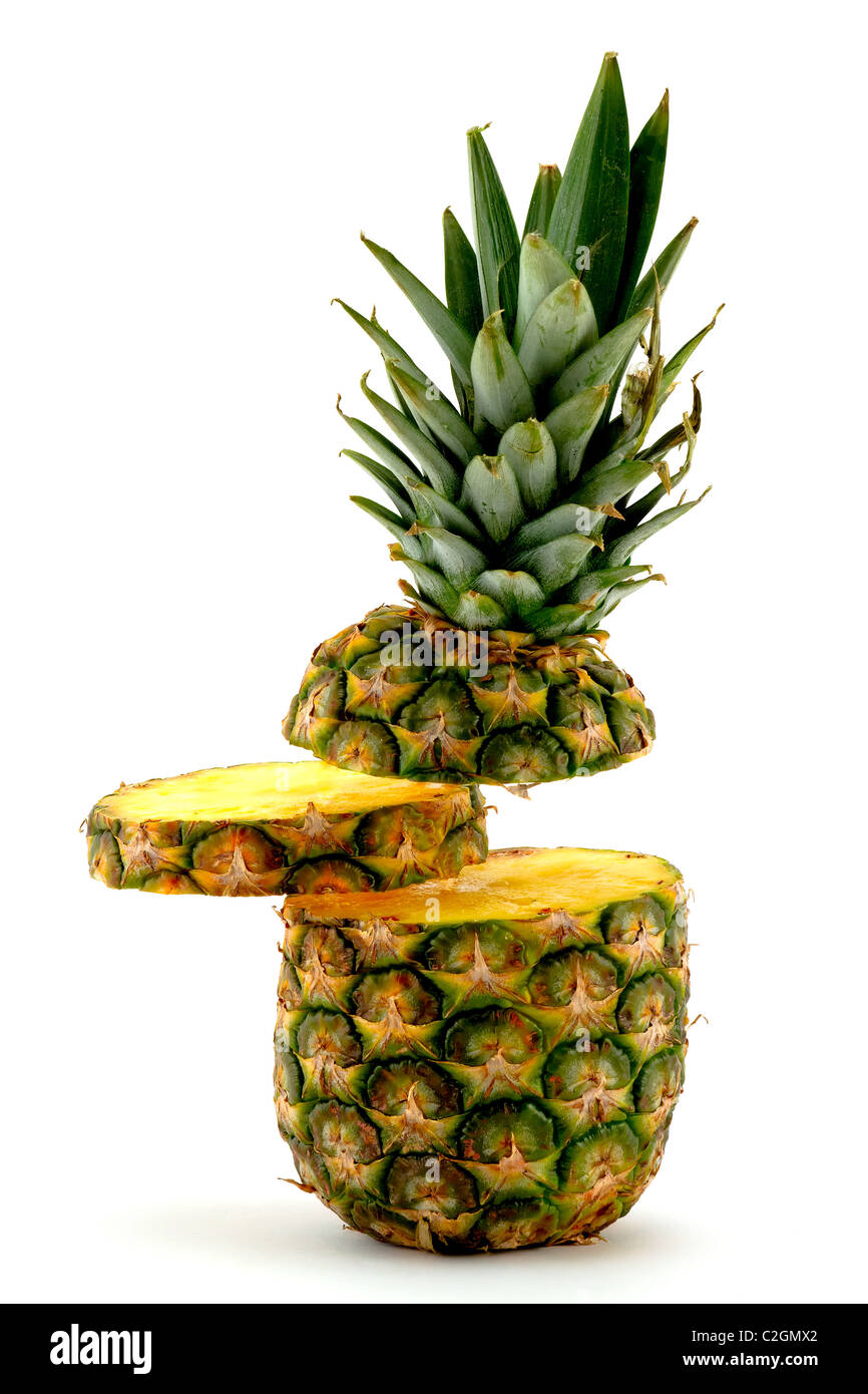 Pineapple with slice floating in the air on white background Stock ...