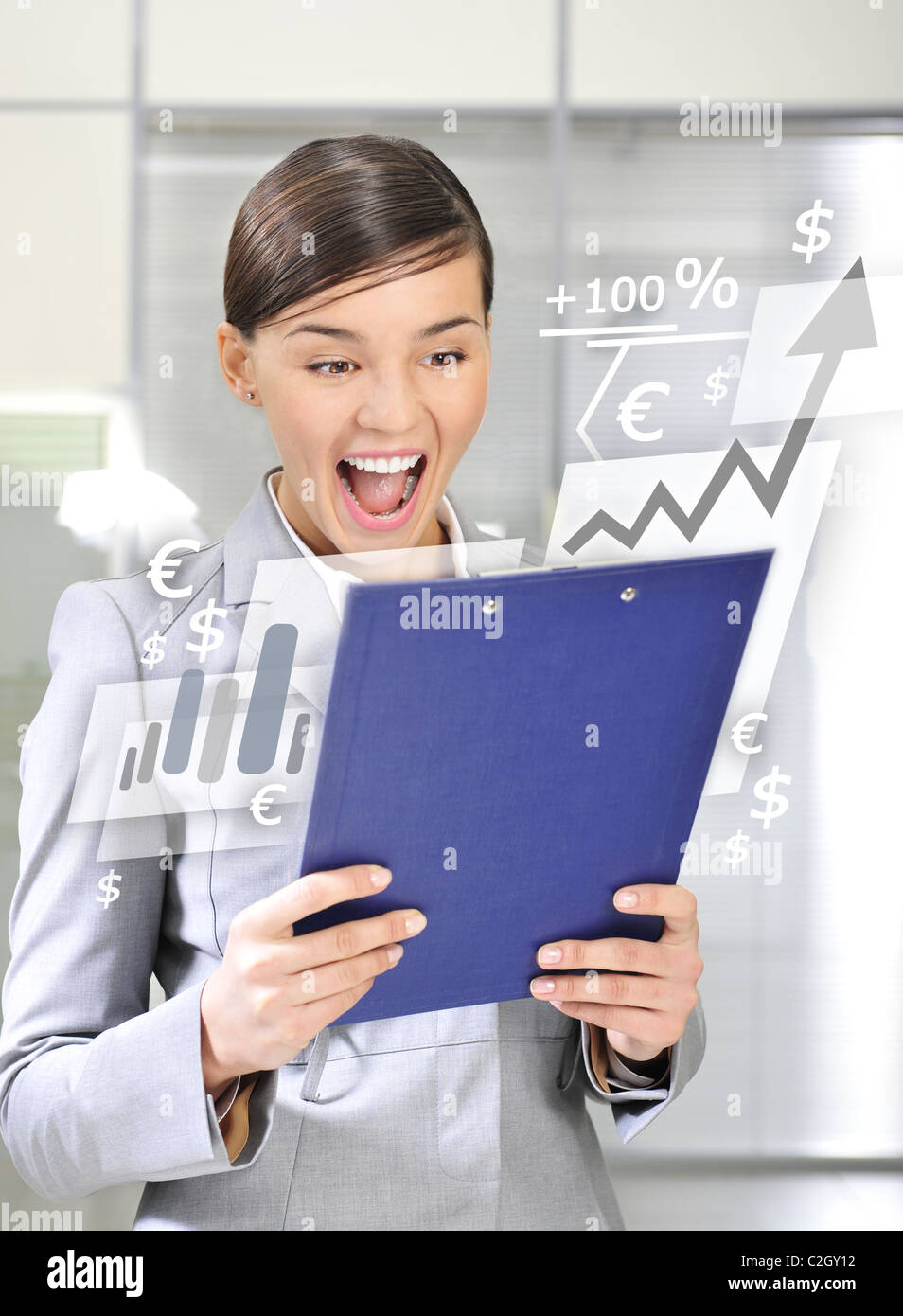 business woman holding reports inside office building. Copy space Stock ...