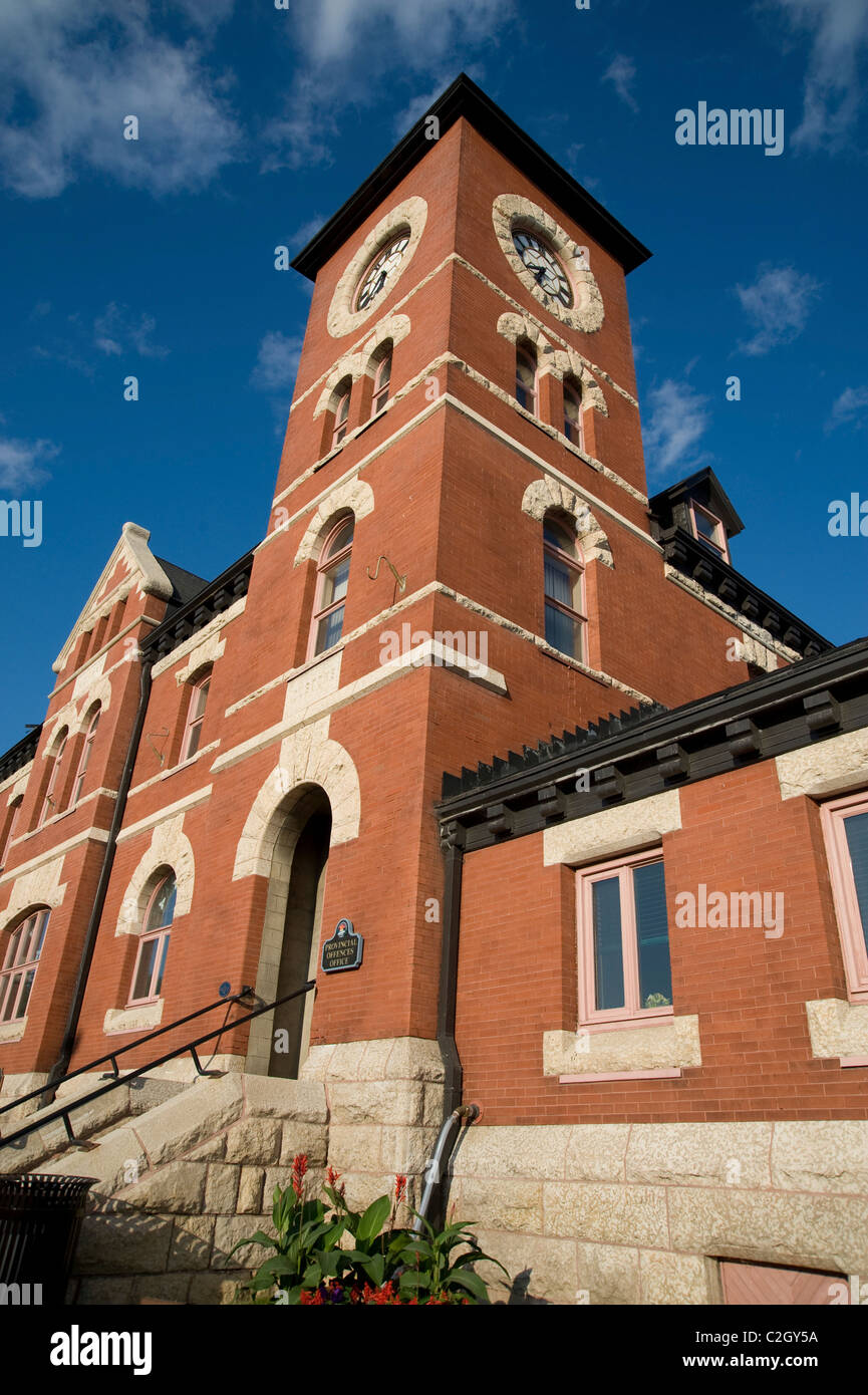 Lake Of The Woods, Kenora, Ontario, Canada; Clock Tower Above Brick ...