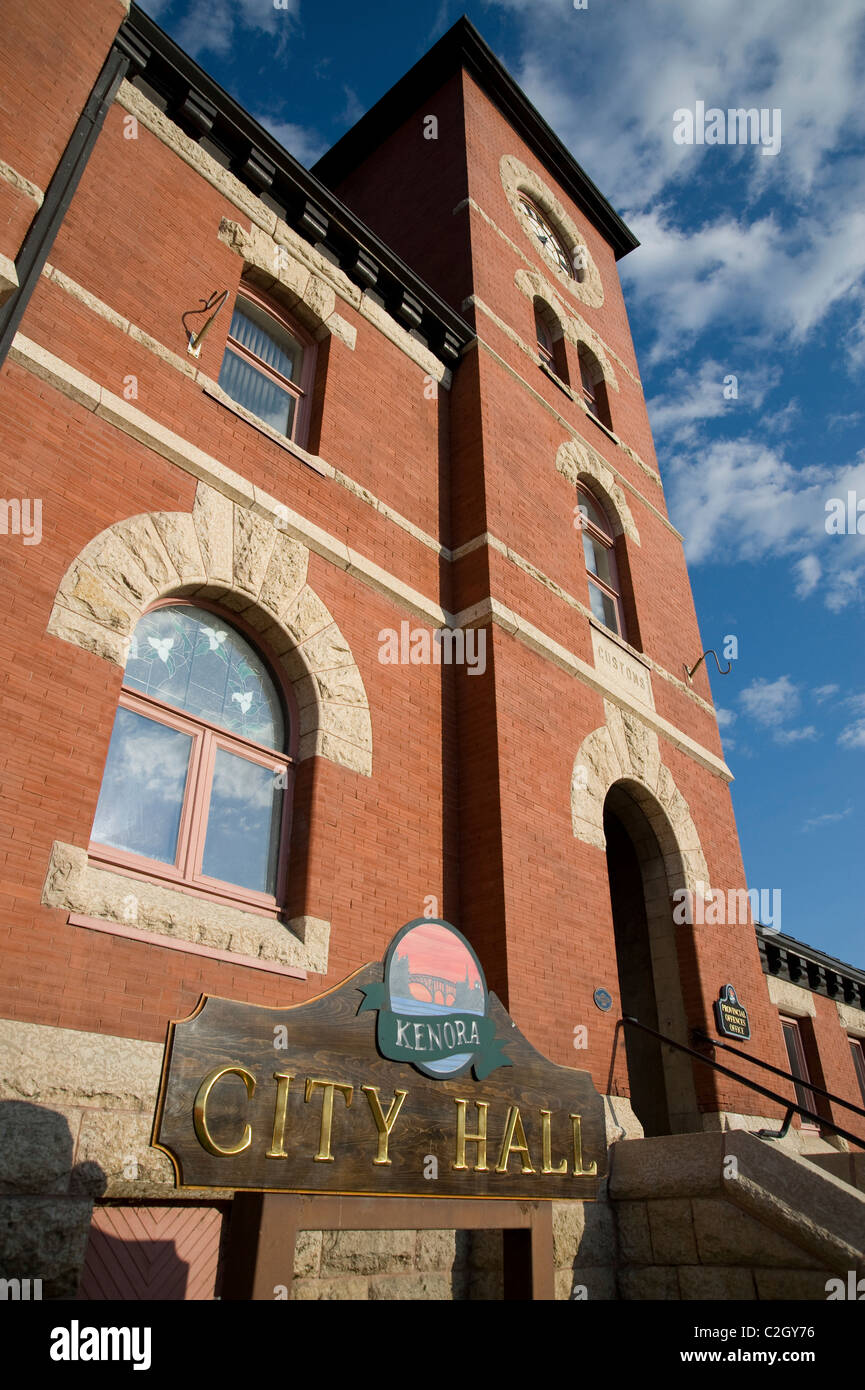 Lake Of The Woods, Kenora, Ontario, Canada; Clock Tower Above City Hall ...
