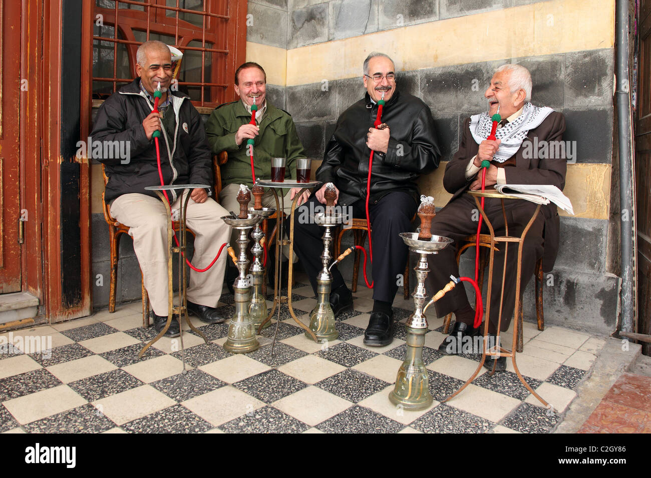 Men smoking shisha hookah waterpipes, Damascus, Syria Stock Photo - Alamy