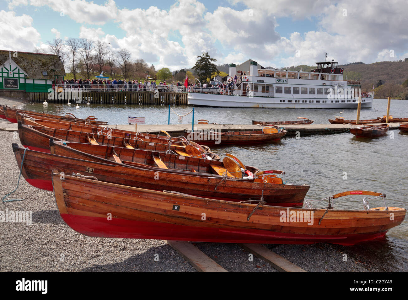 The pier at Bowness on Windermere in the lake district with the steamer ...
