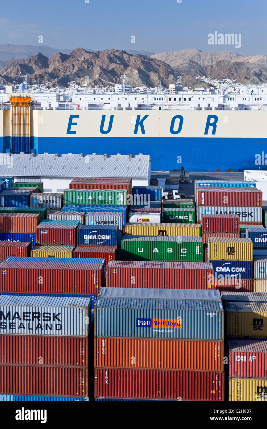 Container loading at Port Sultan Qaboos in the city of Muscat Oman ...