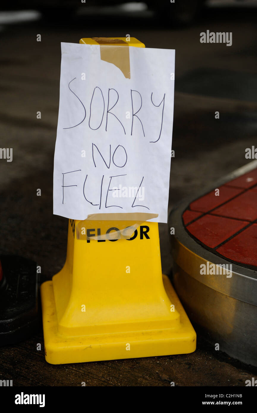A petrol station with a sign saying sorry no fuel during National ...