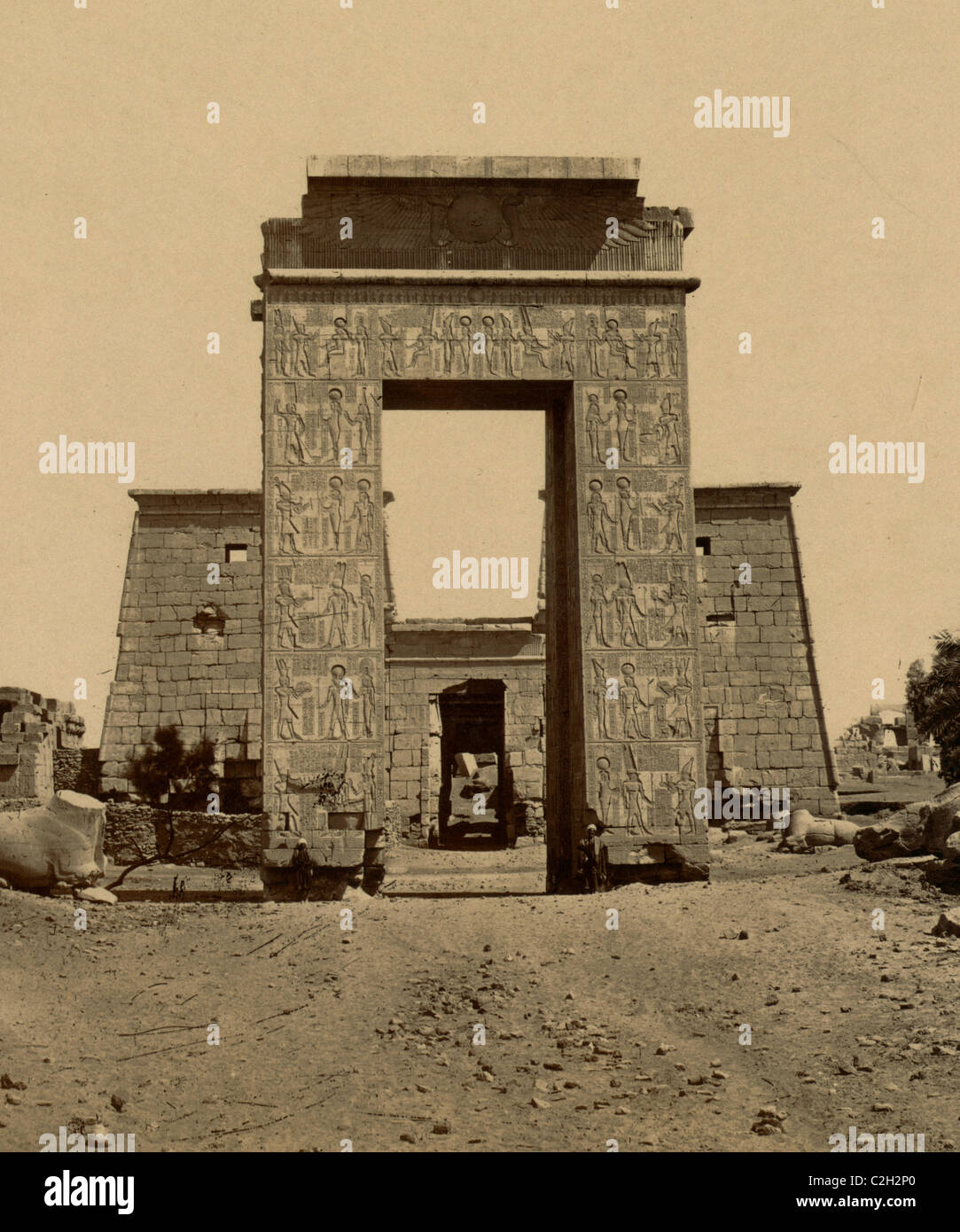 Propylon (triumphal arch) and pylon in the Valley of the Rams, part of ...