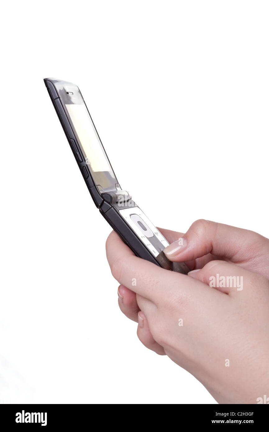 Mobile phone held in hands, isolated photo Stock Photo - Alamy