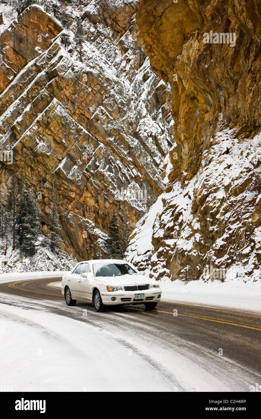 Winter view of automobile on Highway 550, the Million Dollar Highway ...